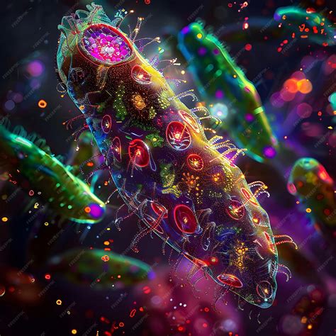 Surreal Of A Fluorescent Paramecium Under A Microscope With Glowing Cilia And Dynamic Cell