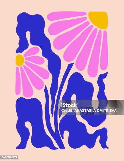 추상 데이지 꽃과 잎 포스터 현대적인 미니멀 스타일의 모던 플로럴 프린트 그루비 벡터 일러스트 레이 션 추상적인에 대한 스톡 벡터 아트 및 기타 이미지 Istock