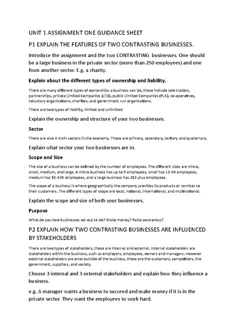 Unit 1 Assignment 1 Guidance Sheet Unit 1 Assignment One Guidance Sheet P1 Explain The