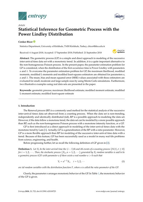 Pdf Statistical Inference For Geometric Process With The Power Lindley Distribution