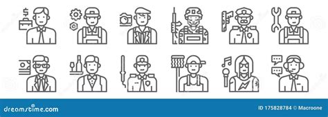 Set Of 12 Professions And Occupation Icons Outline Thin Line Icons Such As Customer Service