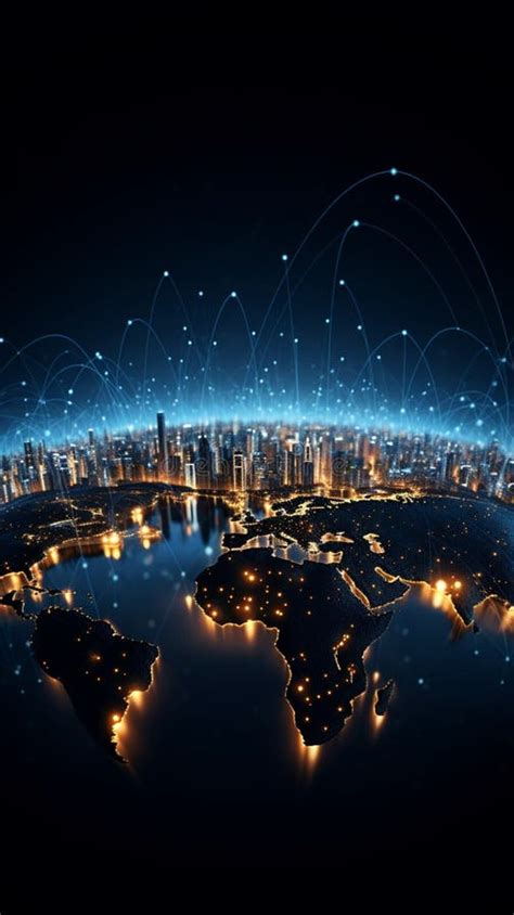 Digital Earth Enveloped By A Web Of Dots Lines And Rays Stock