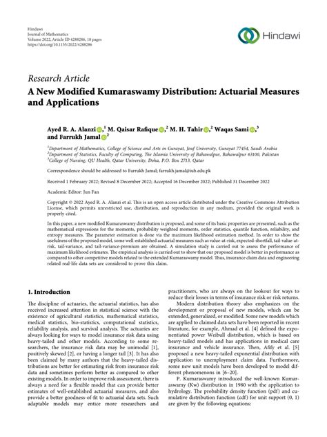 Pdf A New Modified Kumaraswamy Distribution Actuarial Measures And Applications
