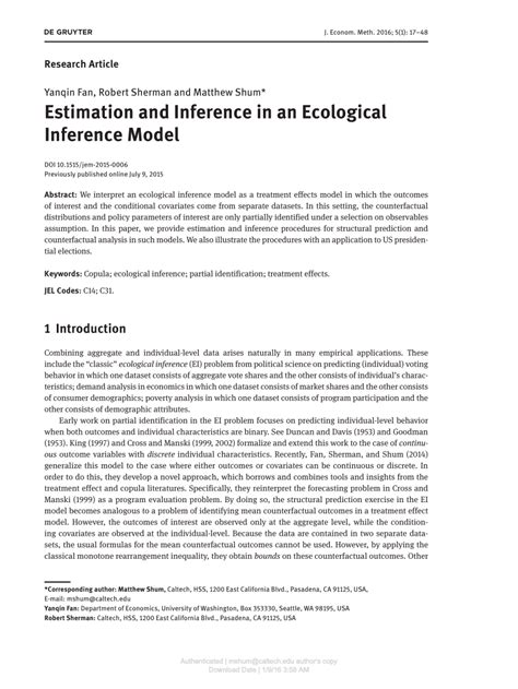 Pdf Estimation And Inference In An Ecological Inference Model