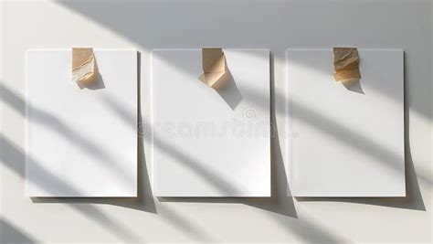 Three Blank Canvas Hanging On White Wall With Adhesive Tape And Dramatic Light Beams Stock