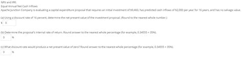 Solved NPV And IRR Equal Annual Net Cash Inflows Apache Chegg Com