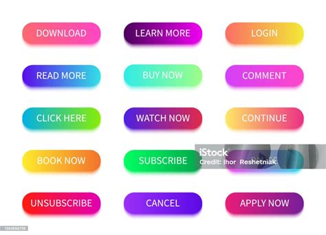 웹 액션버튼 다운로드 통화 더 많은 배우고 지금 구입에 대한 그라데이션 밝은 버튼 게임 앱 상점 및 사이트에 대한 Ui입니다 현대적인 배너는 다른 색상입니다 인터넷