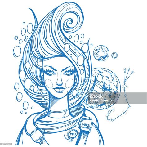 소녀의 초상화는 조디악 기호 전갈 자리를 상징한다 색칠하기 위한 윤곽선 그리기 가냘픈에 대한 스톡 벡터 아트 및 기타 이미지