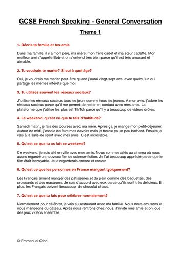 Aqa Gcse French Speaking Questions And Model Answers Teaching Resources