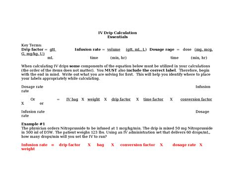 Iv Drip Calculation Sheet Iv Drip Calculation Essentials Key Terms Drip Factor Gtt Infusion
