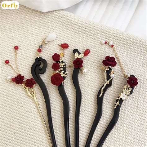 Chinese Court Style Wood Hair Pins Fine Pattern Setting Elegant Hair