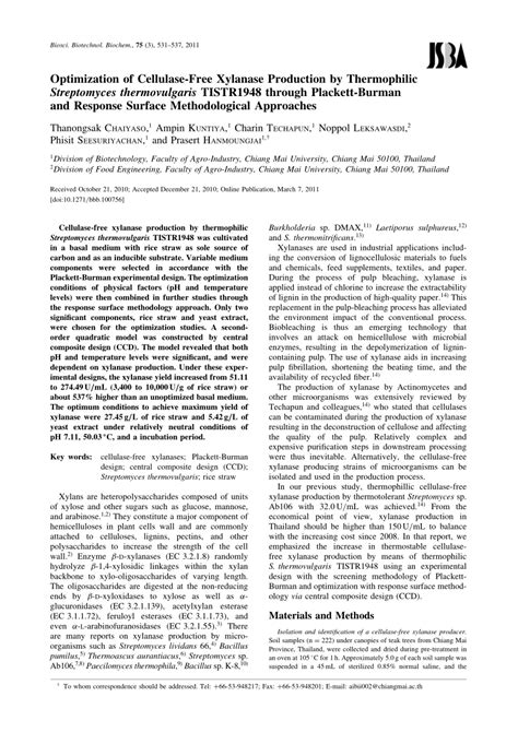 Pdf Optimization Of Cellulase Free Xylanase Production By Thermophilic Streptomyces