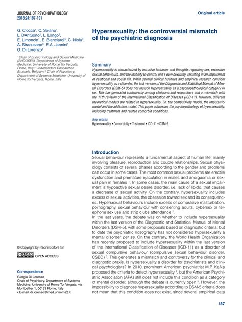 PDF Hypersexuality The Controversial Mismatch Of The Psychiatric Diagnosis