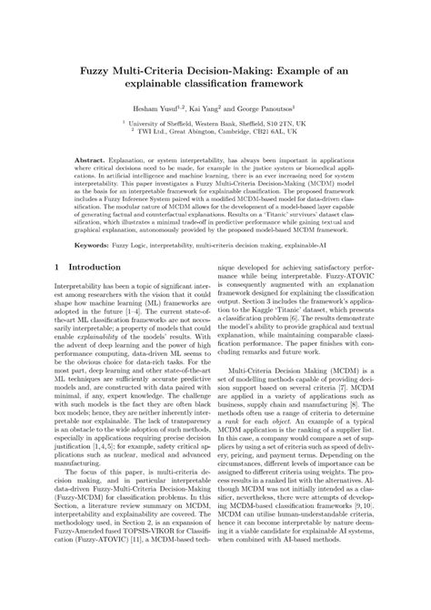PDF Fuzzy Multi Criteria Decision Making Example Of An Explainable Classification Framework