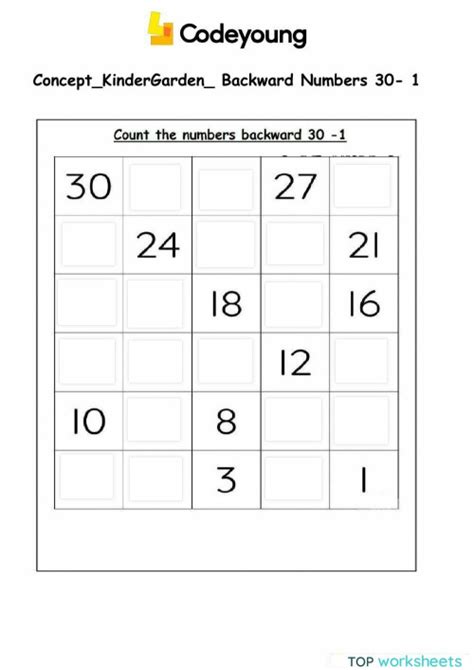 Backward Counting Numbers 30 To 1 Interactive Worksheet Topworksheets
