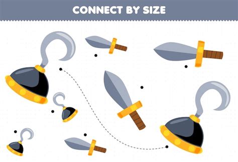 아이들을 위한 교육용 게임은 귀여운 만화 갈고리와 검 인쇄 가능한 해적 워크시트의 크기로 연결됩니다 프리미엄 벡터