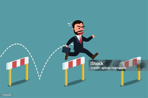 장애물을 뛰어 넘는 사업가 장애물을 극복하여 더 나은 목표를 달성하세요 절대 포기하지 않고 장애물을 극복하는 훌륭한 사업가 사업 개념 벡터 일러스트 레이 션 남자 사업가에