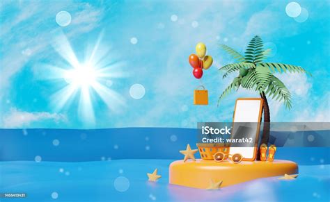 휴대 전화 스마트 폰 풍선 손바닥 쇼핑 종이 봉지 바구니 샌들 불가사리 푸른 하늘 배경에 고립 된 선글라스 쇼핑 여름 판매 개념