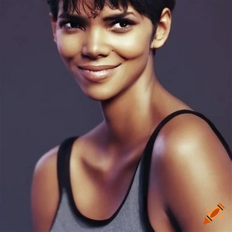 Young Halle Berry With Black Pixie Haircut And A Gray Tank Top