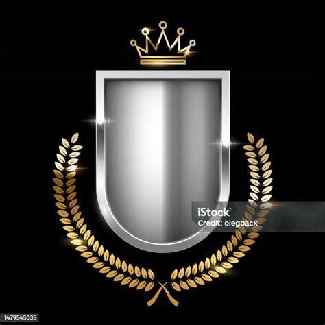 금 왕관과 월계수 화환이있는 실버 방패 금속 전령 엠블럼 벡터 일러스트레이션 빛나는 반짝임이있는 복고풍 럭셔리 요소 헤럴드라이