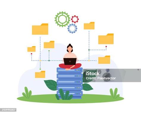 작은 여성에 의한 아카이브의 저장 구조 및 관리를 위한 데이터 구성 개념에 대한 스톡 벡터 아트 및 기타 이미지 개념 공유 개념 교환 Istock