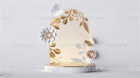 3d 렌더링 꽃 아치와 빈 대리석 연단흰색 축제 배경 종이 꽃과 황금 잎으로 장식 된 제품 프리젠 테이션을위한 빈 쇼케이스 꽃 식물에 대한 스톡 사진 및 기타 이미지