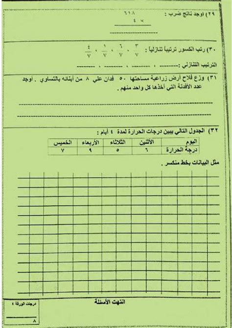نماذج إختبار رياضيات ثالث إبتدائي 2016 حسب المواصفات الجديدة