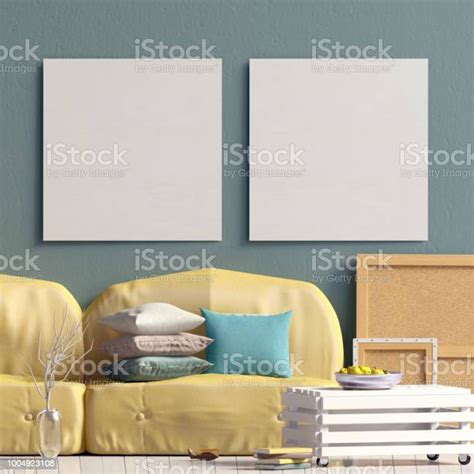 현대 인테리어 소파와 커피 테이블입니다 포스터를 모의입니다 3d 그림입니다 0명에 대한 스톡 사진 및 기타 이미지 0명 가구 가정 생활 Istock