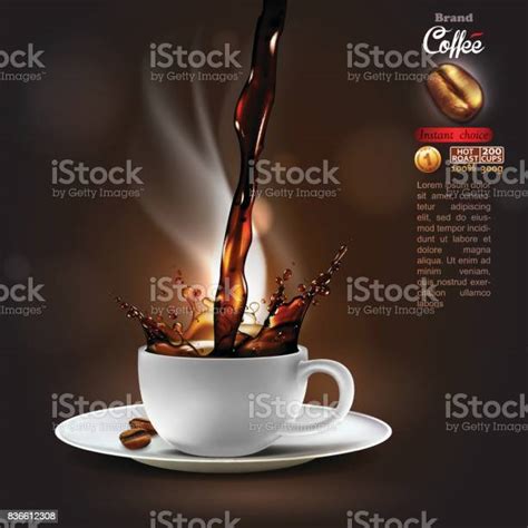스플래쉬 효과 함께 커피 광고 디자인 높은 상세한 현실적인 그림 갈색에 대한 스톡 벡터 아트 및 기타 이미지 갈색 광고