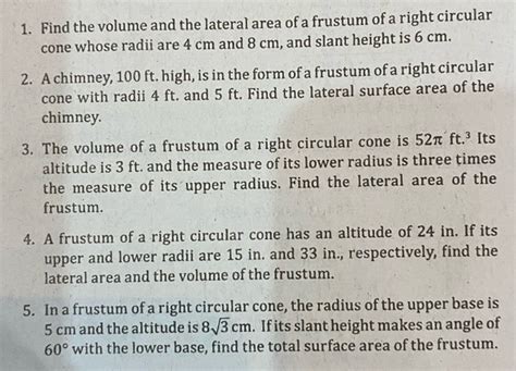 solved find the volume and the lateral area of a frustum of a right