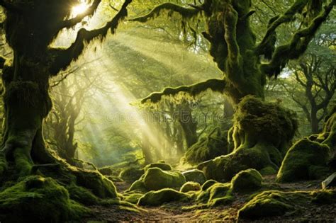 Sunlight Filters Through Ancient Trees In A Mosscovered Forest Stock