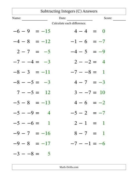 Subtracting Mixed Integers From 9 To 9 25 Questions Large Print No