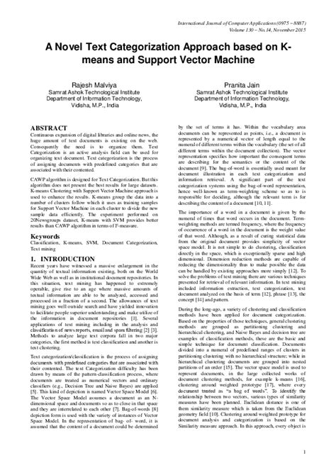 pdf a novel text categorization approach based on k means and support
