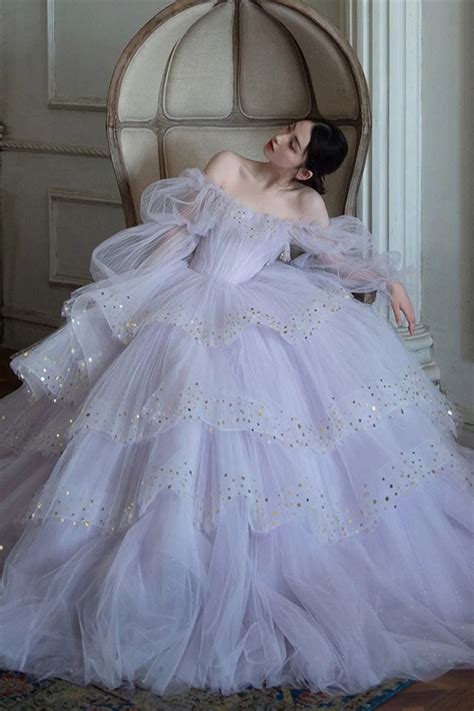 Princess Off The Shoulder Long Sleeves Tulle Prom Dress Sparkly Beadi