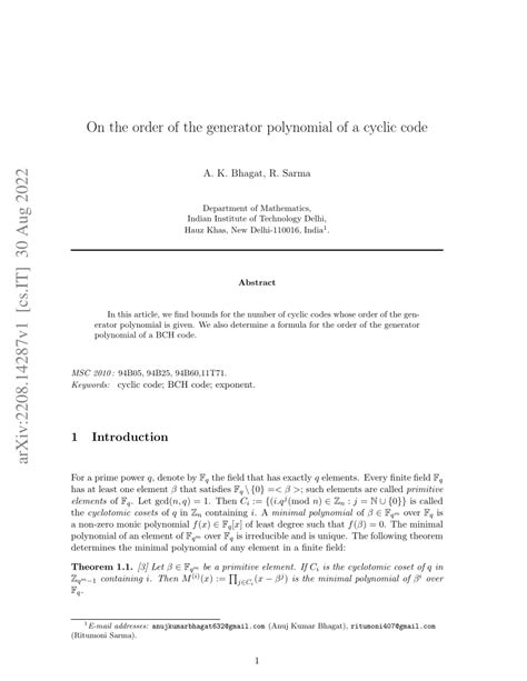 Pdf On The Order Of The Generator Polynomial Of A Cyclic Code
