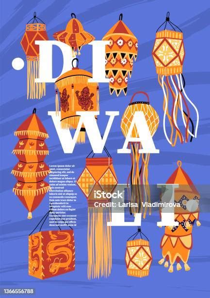 디왈리 인디언 국경일 디왈리 램프가 있는 포스터 축하 전통 동양 이벤트 벡터 그림의 플랫 스타일입니다 공간 포어 텍스트입니다 빛의 축제 0명에 대한 스톡 벡터 아트 및 기타