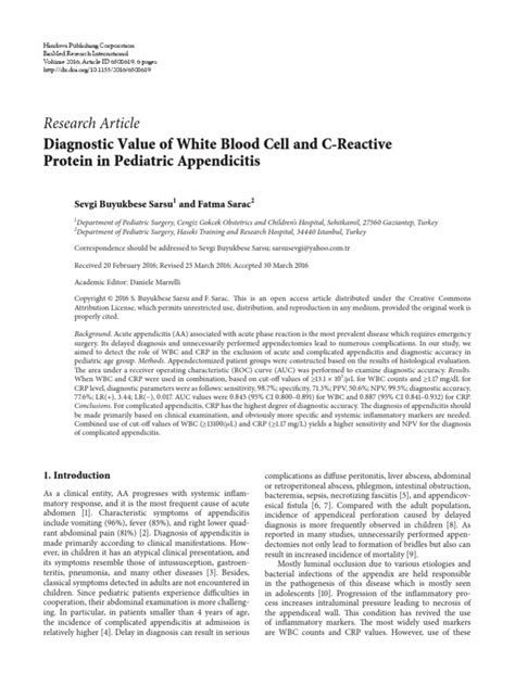 Diagnostic Value Of Wbc And Crp In Peds Appendicitis Pdf Pdf