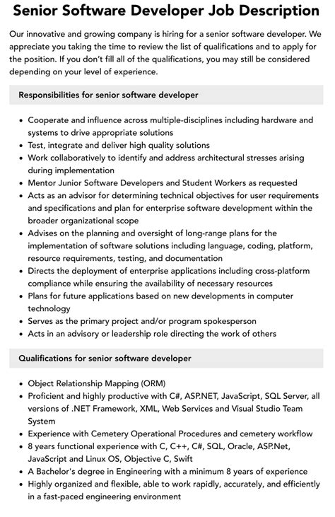 Senior Software Developer Job Description Velvet Jobs