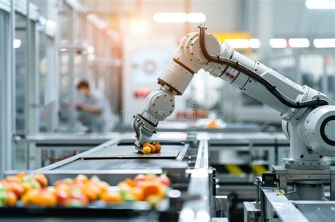 Industrial Robotic Arm Sorting Fresh Produce In A Modern Factory Automation Setting Stock Image