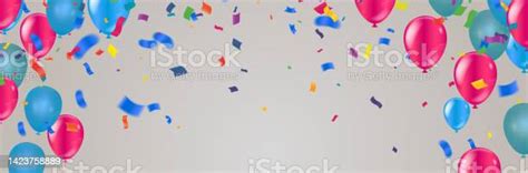 빨간색 풍선 파란색 및 색종이가있는 그랜드 오프닝 의식 소매 쇼핑 또는 블랙 프라이데이 프로모션은 화려한 공기 풍선과 화환이있는