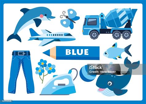 색상 학습을 위한 파란색 만화 그림입니다 돌고래 고래 나방 나비 물망초 꽃 트럭 비행기 청바지 공 철 물고기 등 아이들을 위한 귀여운 파란색 물건 0명에 대한 스톡 벡터