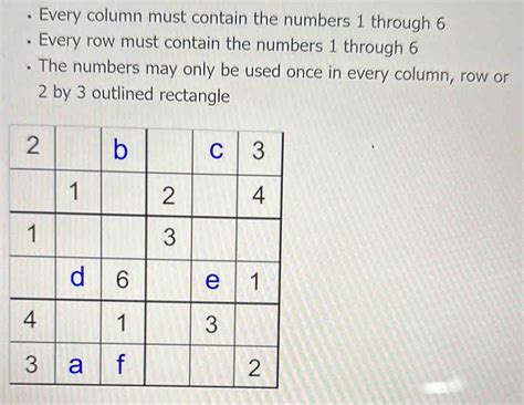 Solved Every Column Must Contain The Numbers 1 Through 6 Every Row