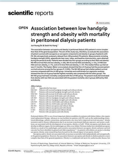 Pdf Association Between Low Handgrip Strength And Obesity With Mortality In Peritoneal