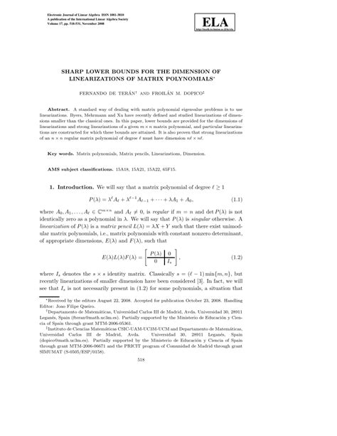 Pdf Sharp Lower Bounds For The Dimension Of Linearizations Of Matrix Polynomials