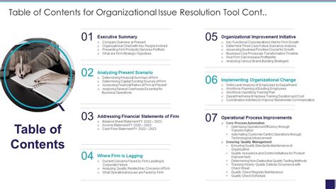 Table Of Contents For Organizational Issue Resolution Tool Cont Professional Pdf