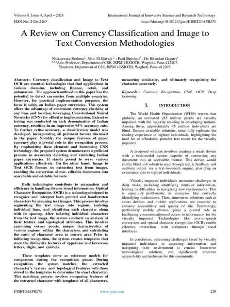 A Review On Currency Classification And Image To Text Conversion