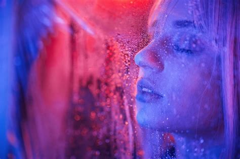 Premium Photo Sensual Look Stylish Woman With White Hair Is Behind Wet Transparent Plastic Sheet