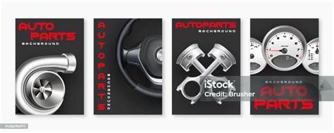 벡터 일러스트 레이 션 자동차 부품 배경 템플릿 세트 현실적인 3d 터보과급기에 대한 스톡 벡터 아트 및 기타 이미지 터보