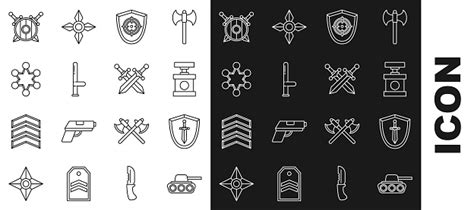 세트 라인 군사 탱크 칼과 중세 방패 다이너 마이트핸들 기폭장치 대상 스포츠 경찰 고무 지휘봉 배지 나무 교차 칼과 교차 중세 아이콘 벡터 갈매기표 수장에 대한 스톡 벡터