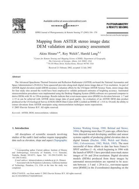 Pdf Mapping From Aster Stereo Image Data Dem Validation And Accuracy
